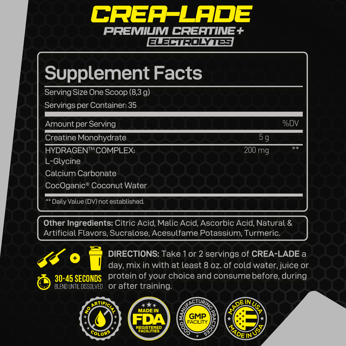 CREA-LADE PREMIUM CREATINE + ELECTROLYTES 35 servings Flavor Lemonade ...